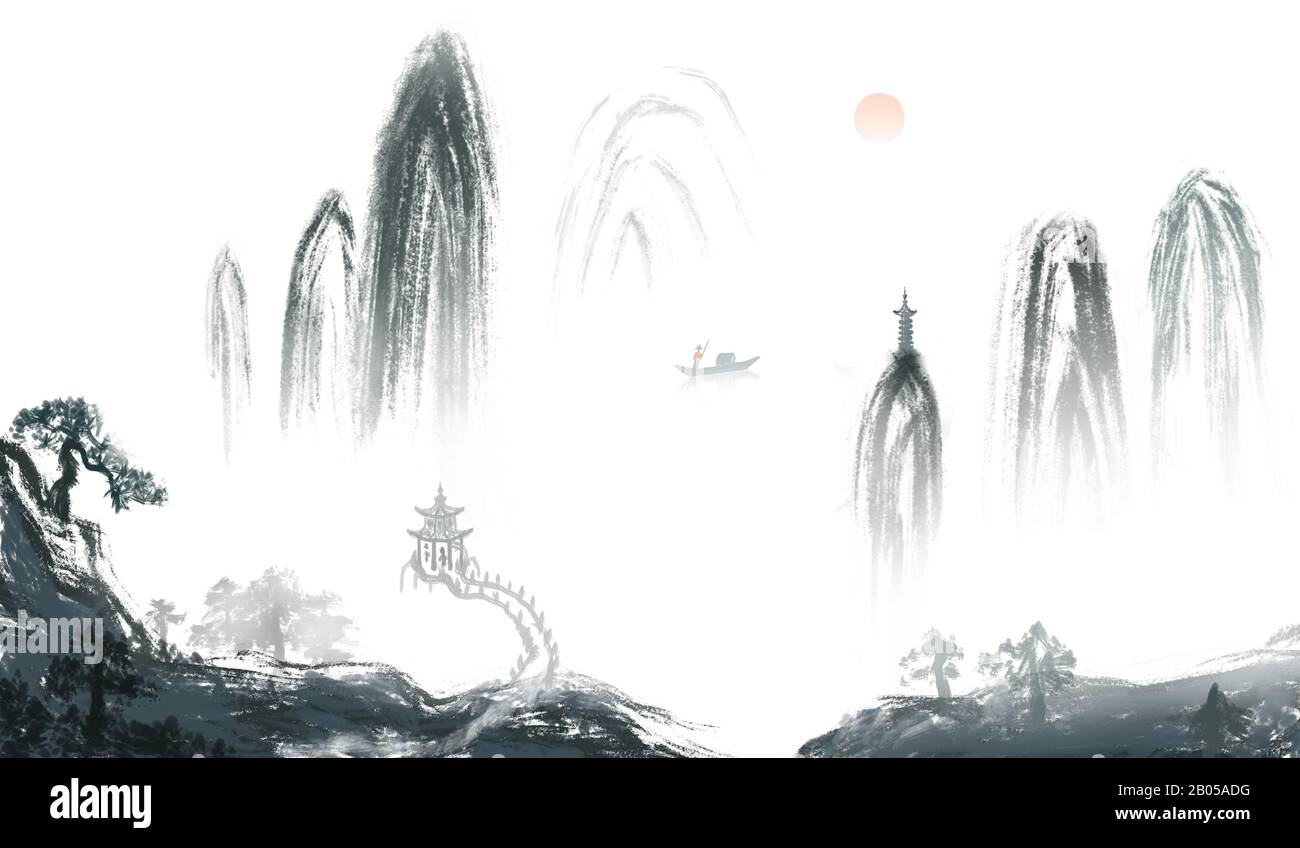 Landscape ink painting with Chinese style Stock Photo - Alamy