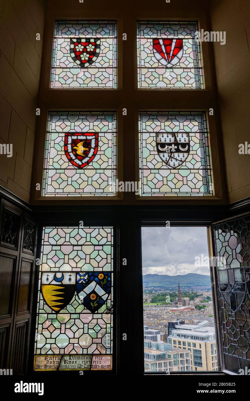 Edinburgh, JUL 12: Interior view of the colorful window of Edinburgh ...
