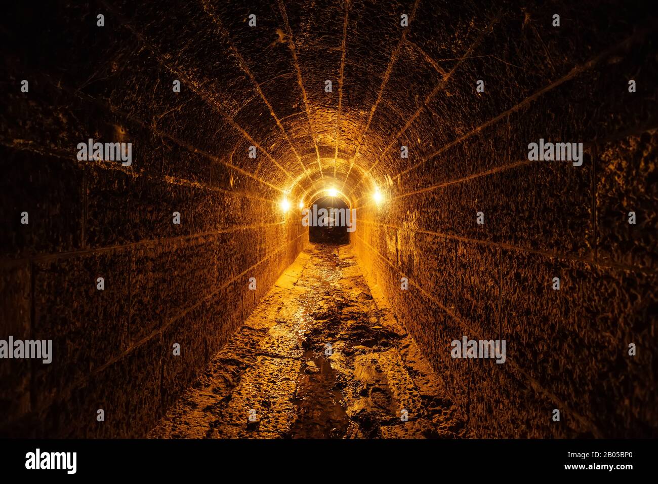 Dark and creepy old historical vaulted flooded underground drainage ...