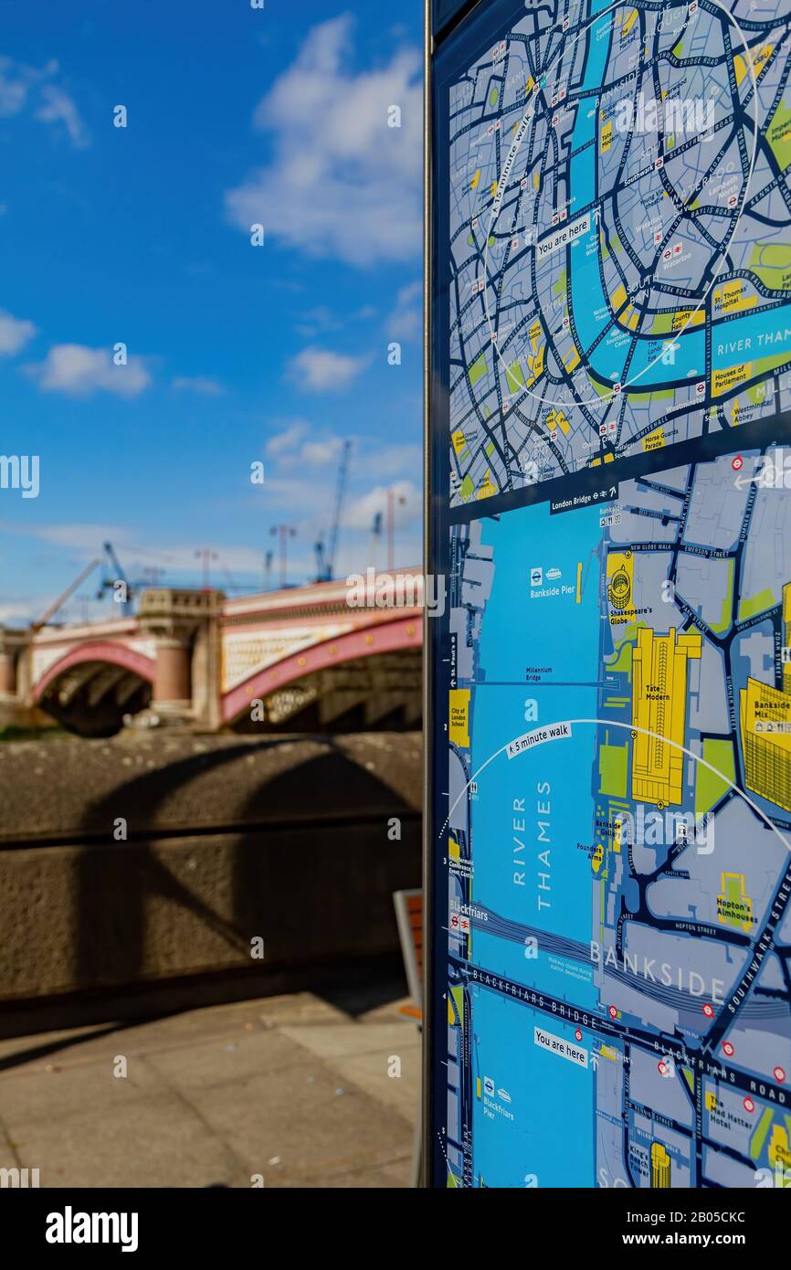 London, JUL 9: Map of the bankside of River Thames and Blackfriars ...