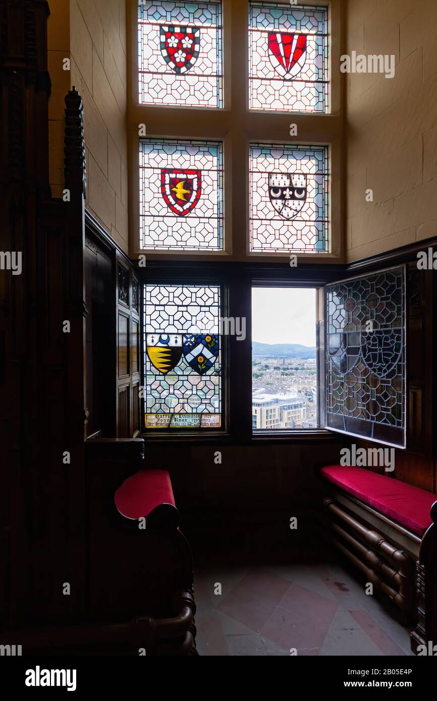 Edinburgh, JUL 12: Interior view of the colorful window of Edinburgh ...