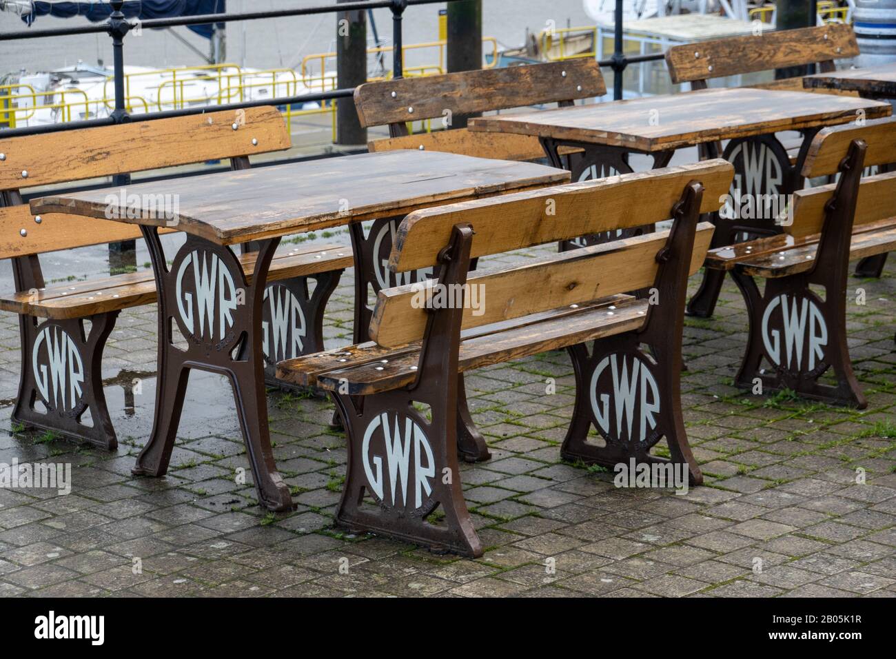 Vintage Great Western Railway (GWR) tables and benches at Dartmouth ...