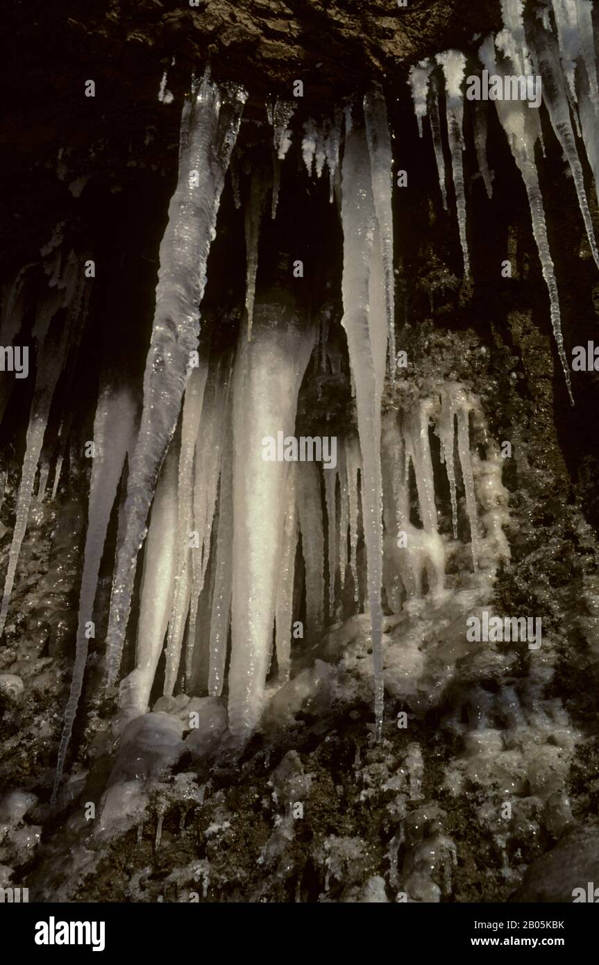 USA, WASHINGTON, CASCADE MOUNTAINS, ICICLES HANGING FROM ROCK WALL ...