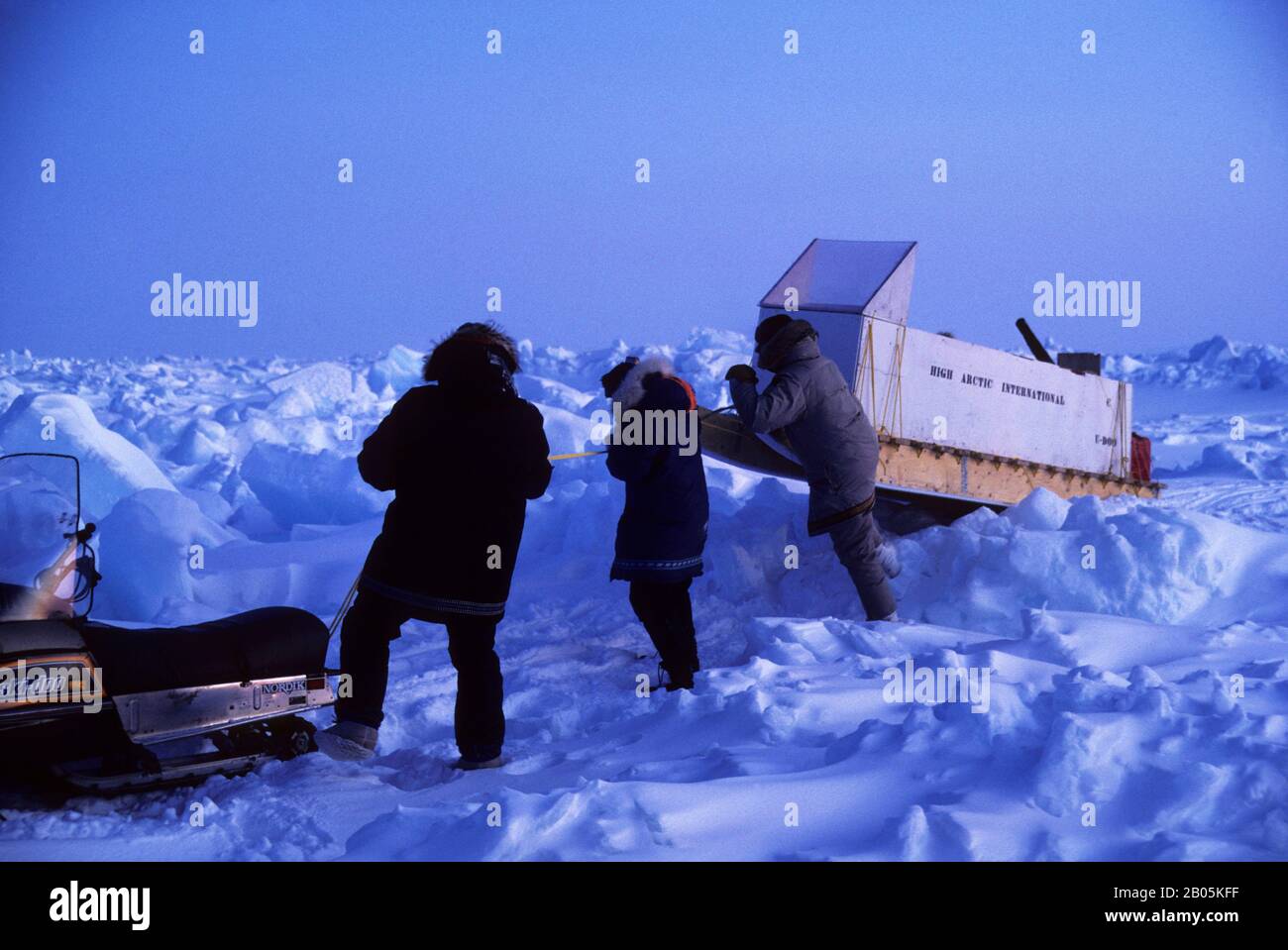 CANADA, NUNAVUT, NWT, FROZEN BARROW STRAIT, SKIDOO EXPEDITION ENROUTE ...