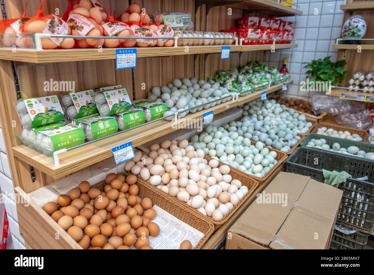 A variety of eggs on display at a market , Shanghai, China Stock Photo ...