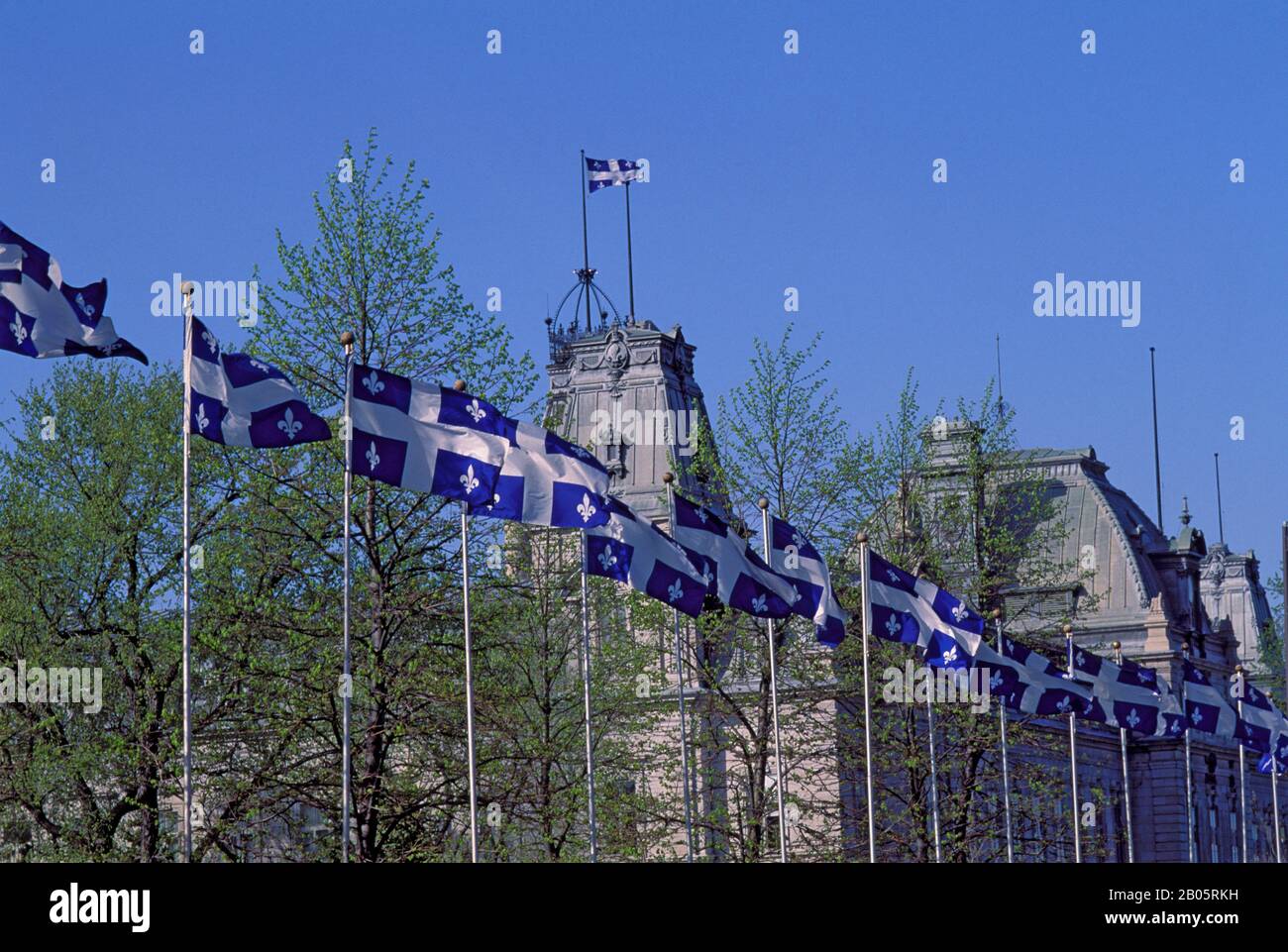CANADA,QUEBEC,QUEBEC CITY, QUEBEC PROVINCIAL FLAGS IN FRONT OF ...