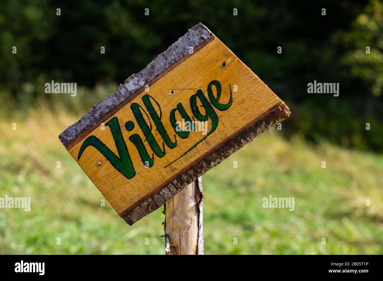 A close up selective focus shot of a skewed handmade wooden sign saying ...