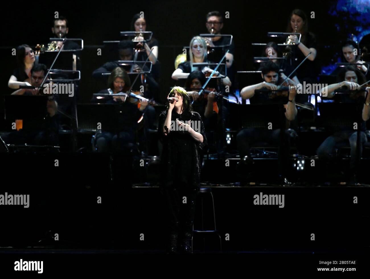 Billie Eilish performing on stage at the Brit Awards 2020 at the O2 ...