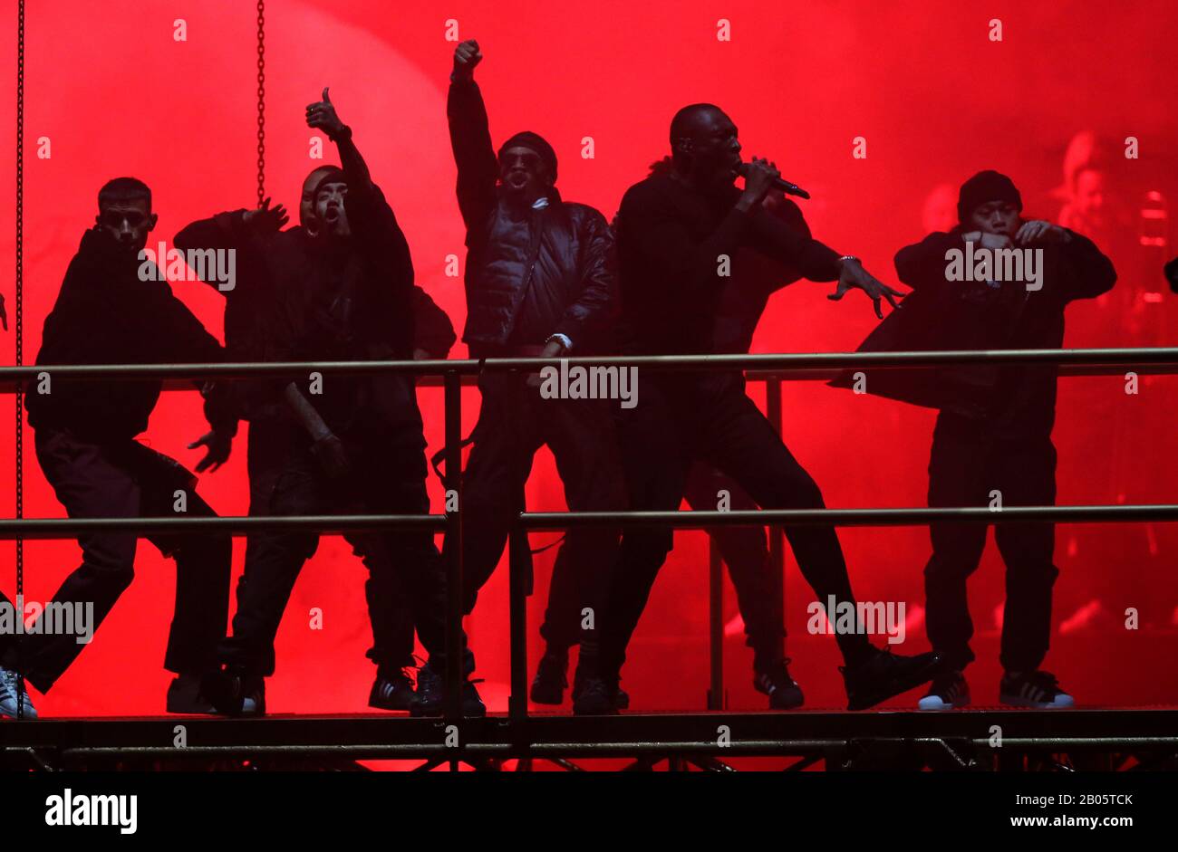 Stormzy performing on stage at the Brit Awards 2020 at the O2 Arena ...