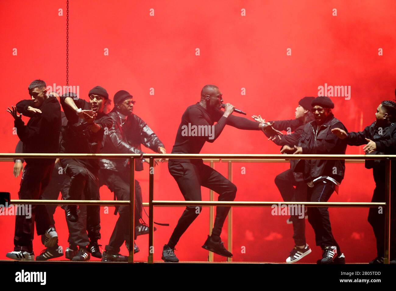 Stormzy performing on stage at the Brit Awards 2020 at the O2 Arena ...
