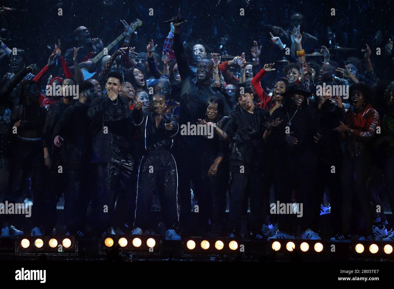 Stormzy performing on stage at the Brit Awards 2020 at the O2 Arena ...