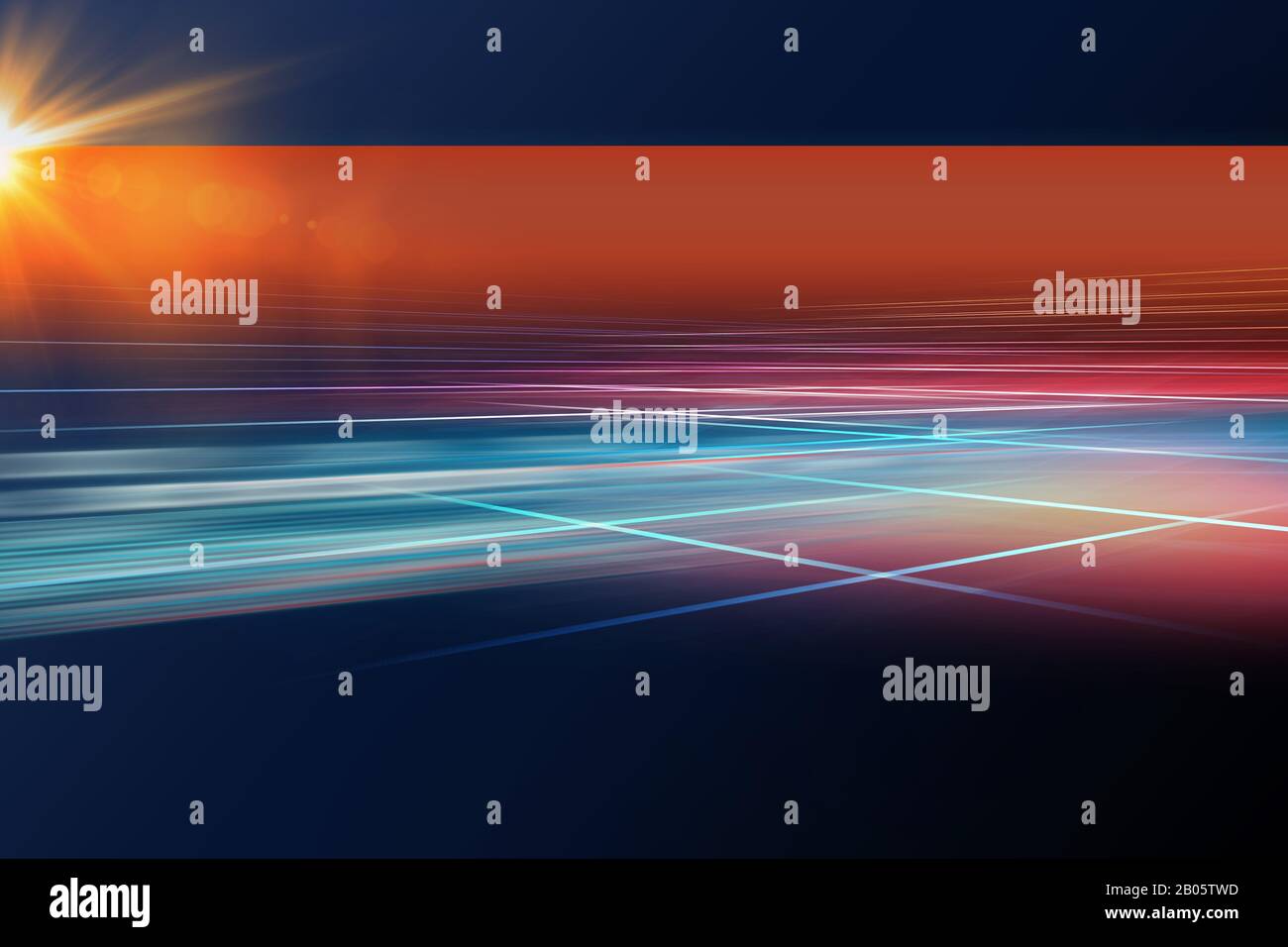 Digital abstract technology background with light rays and sun flare ...