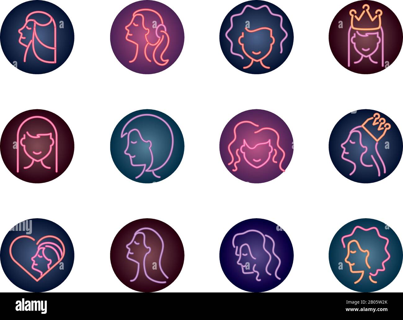 icon set of women and female concept over white background, neon style ...