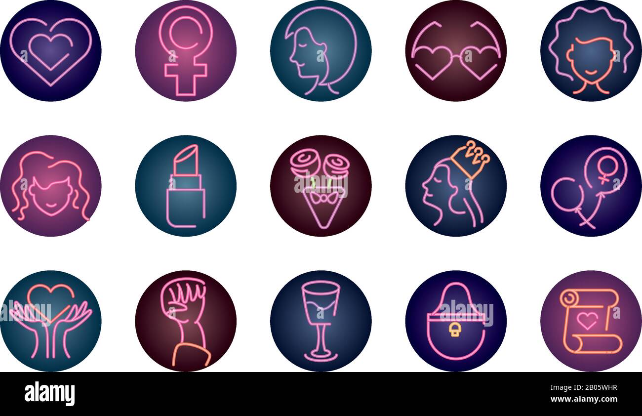 female gender and womens day icons set over white background, neon ...