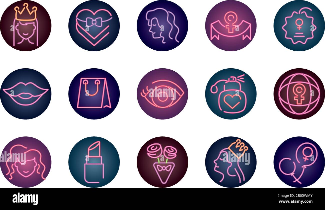 female and womens day concept of icons set over white background, neon ...