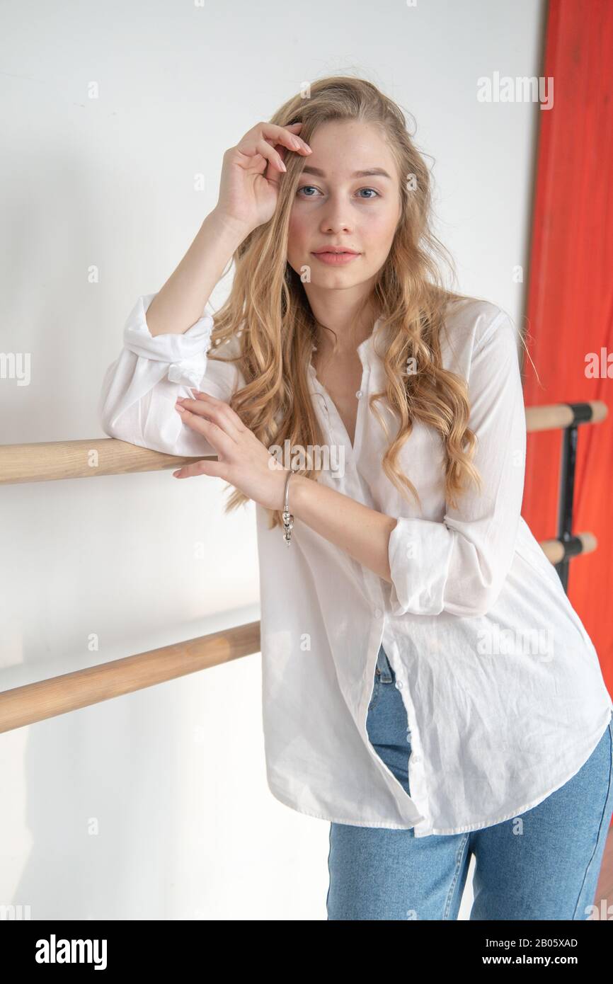 Portrait of a young woman choreographer at the ballet machine Stock ...