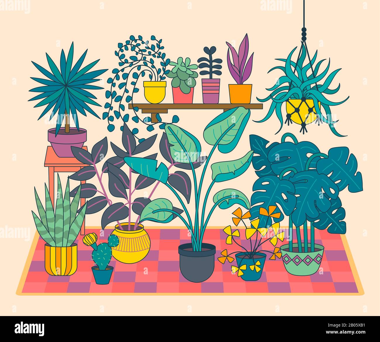 Home plants, cozy interior scene. Modern Illustration. Vector Stock ...