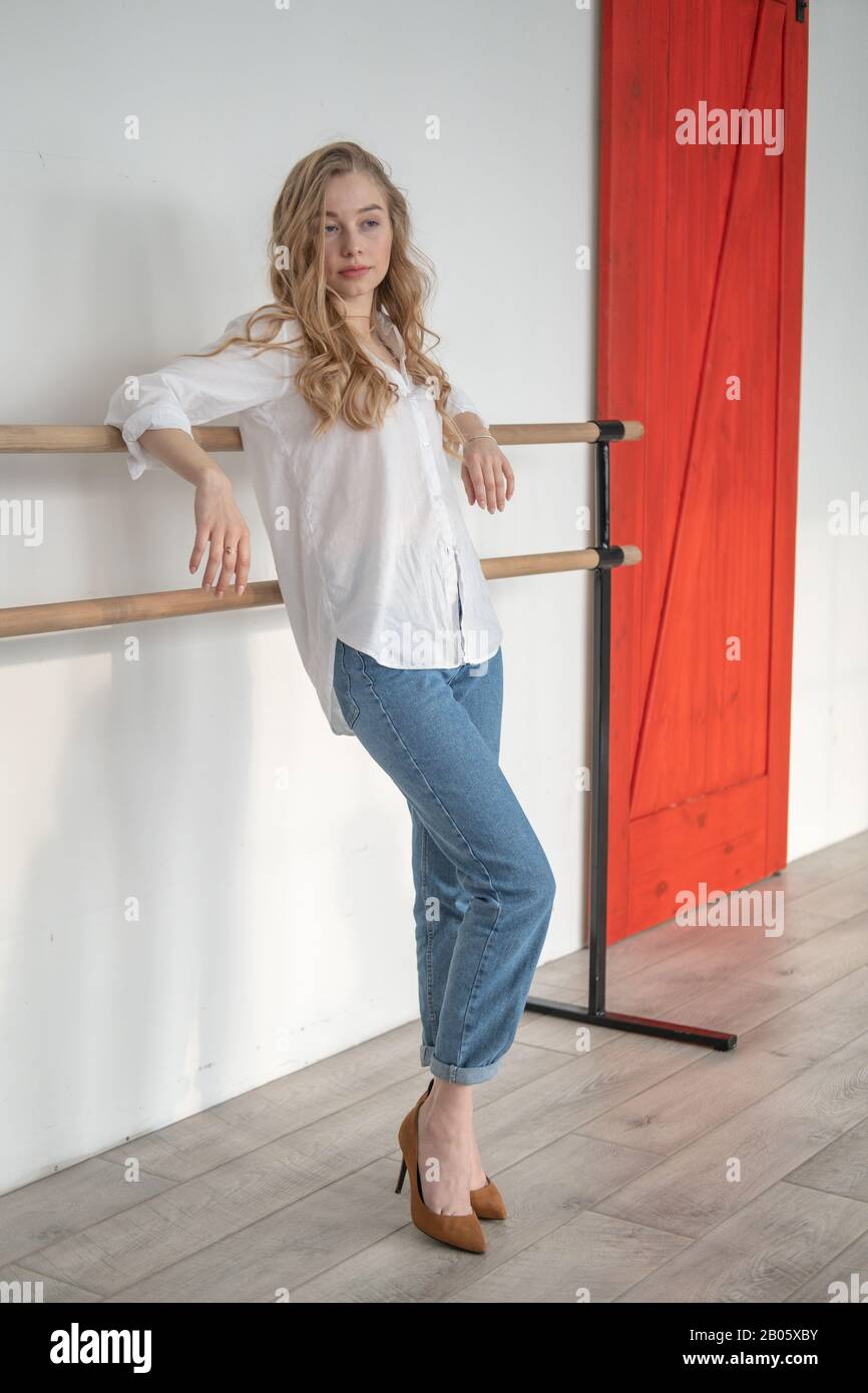 Portrait of a young woman choreographer at the ballet machine Stock ...