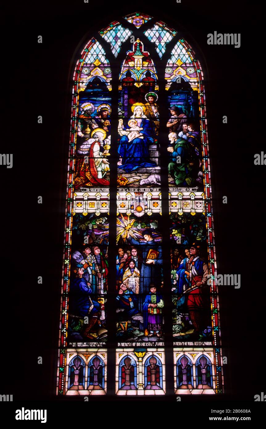 Interior view of a stained glass window of the Catholic Church ...