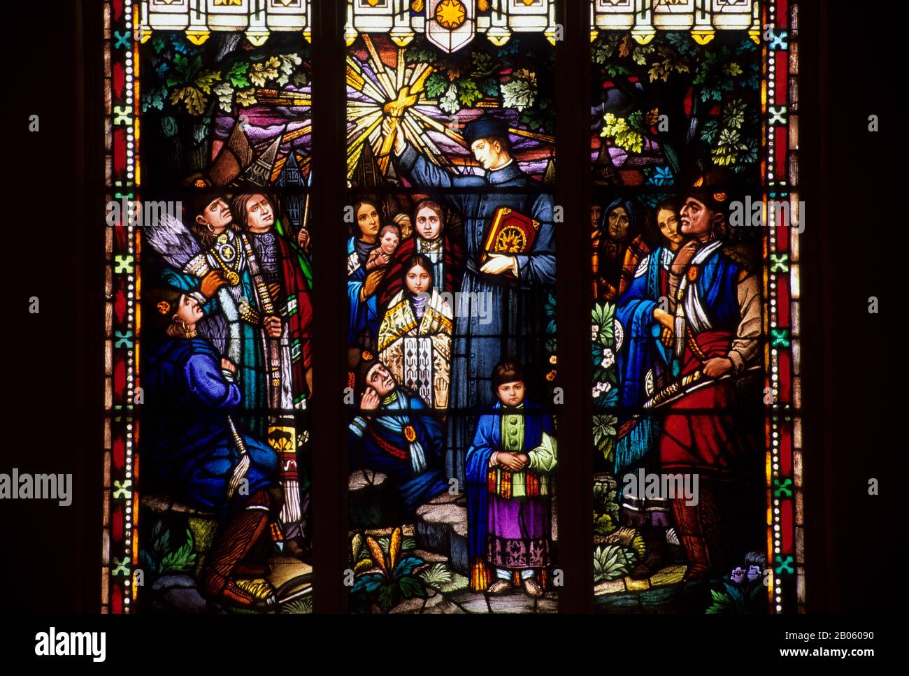 Interior view of a stained glass window of the Catholic Church ...