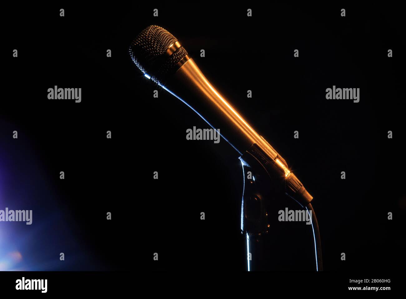 Mic Microphone with Blue and Yellow Light at Comedy Music Club DJ Stock ...