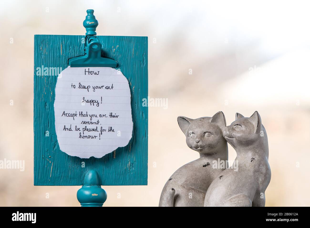 Two ceramic cats sit next to a memory board with a handwritten reminder ...