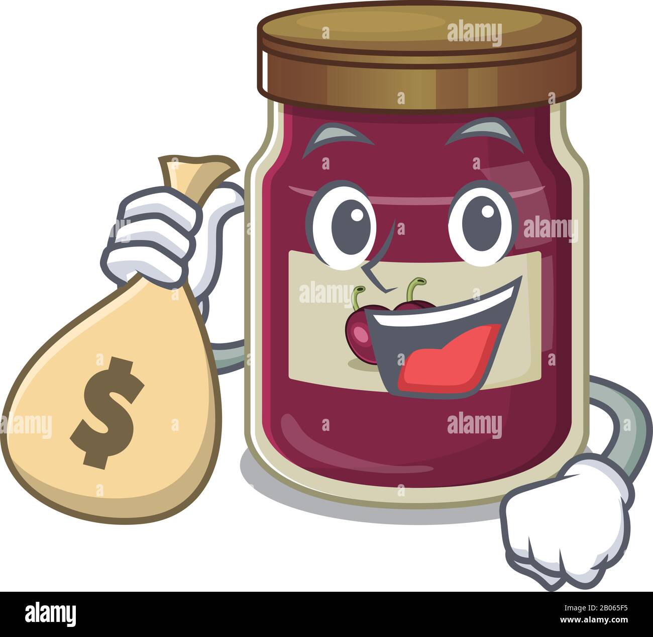 Rich and famous plum jam cartoon character holding money bag Stock ...