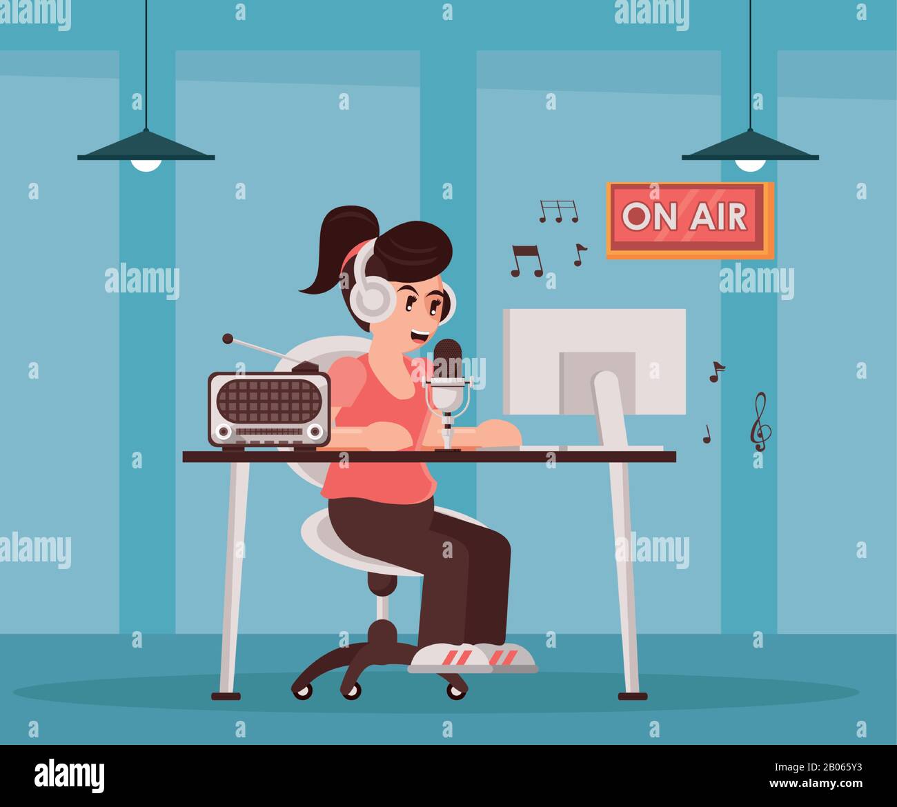 female announcer with radio microphone and earphones Stock Vector Image ...