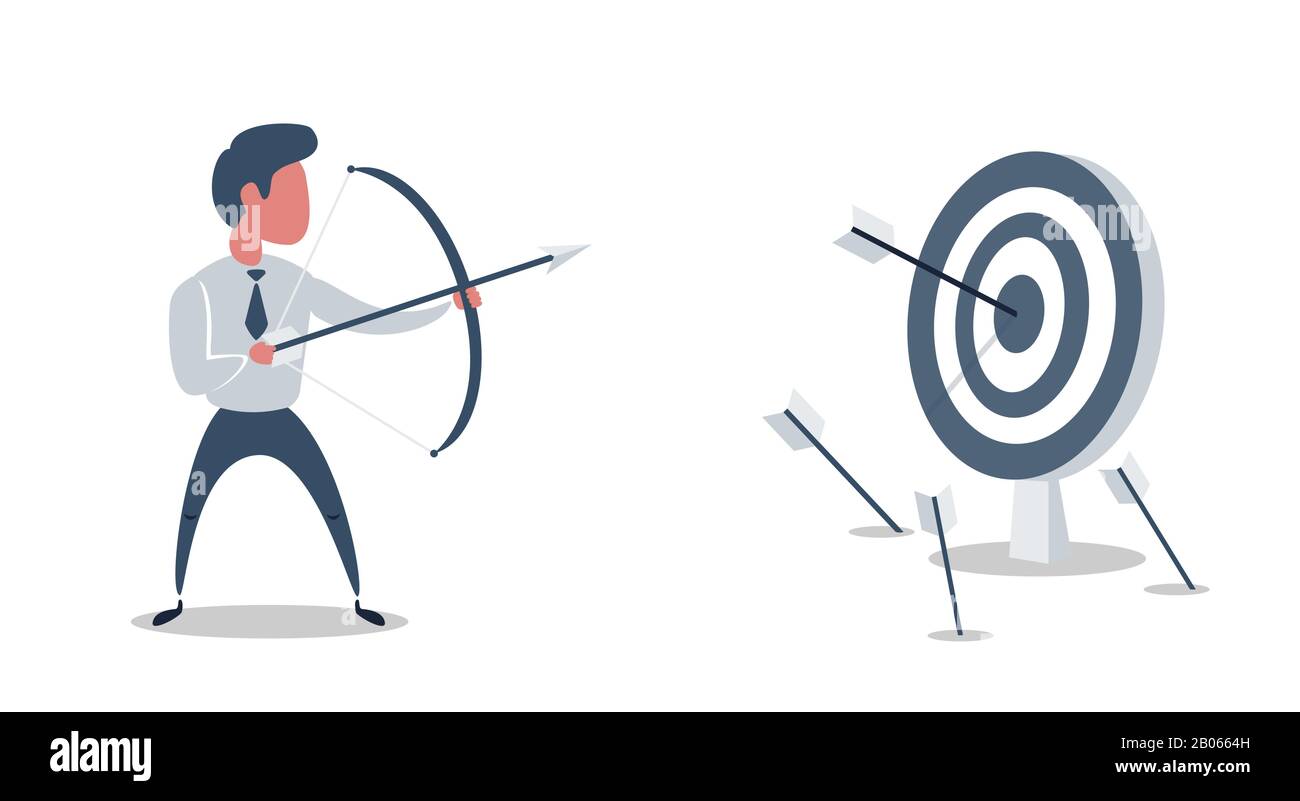 Successful businessman character shoots or aiming at the target ...