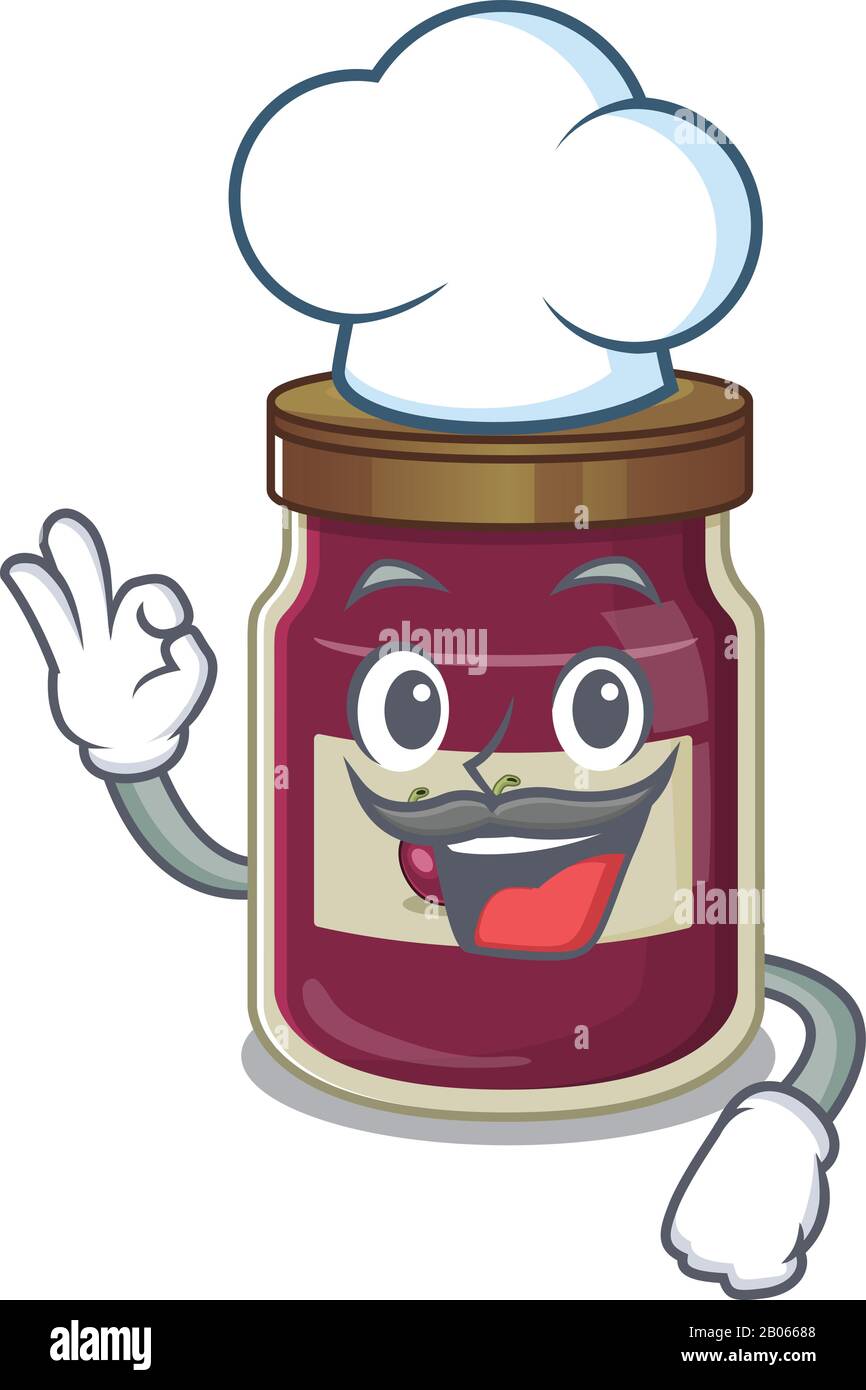 Plum jam cartoon character working as a chef and wearing white hat ...