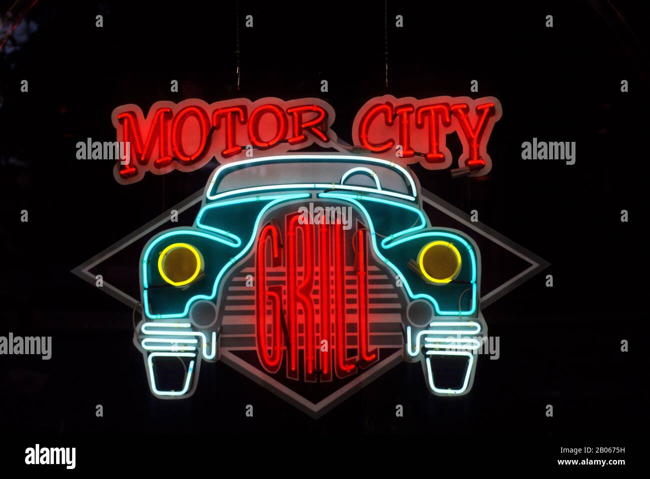 USA, MICHIGAN, DETROIT, FISHER BUILDING, MOTOR CITY GRILL, NEON SIGN ...