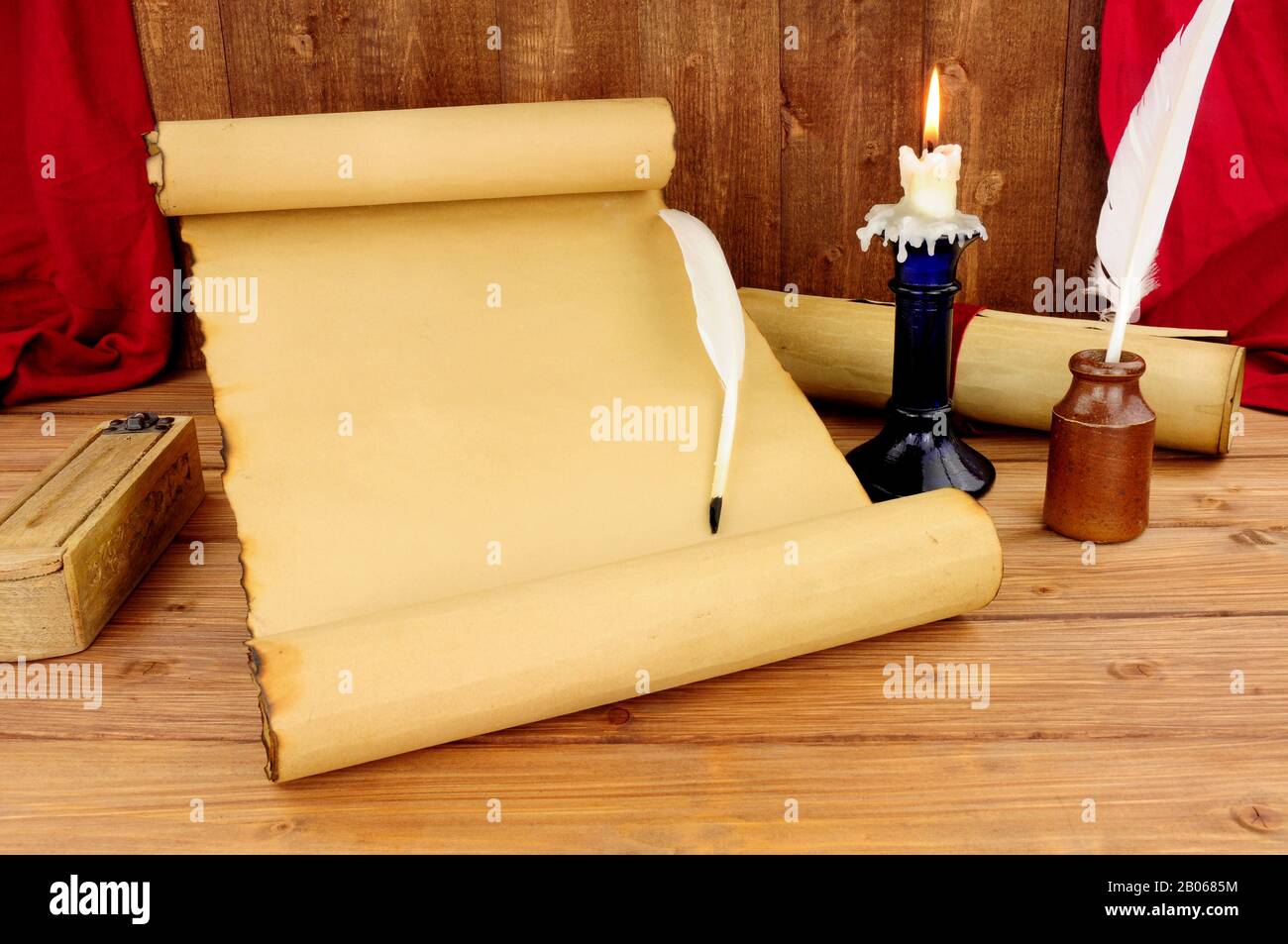 Old paper scroll unrolled with no text and feather quill pens Stock ...