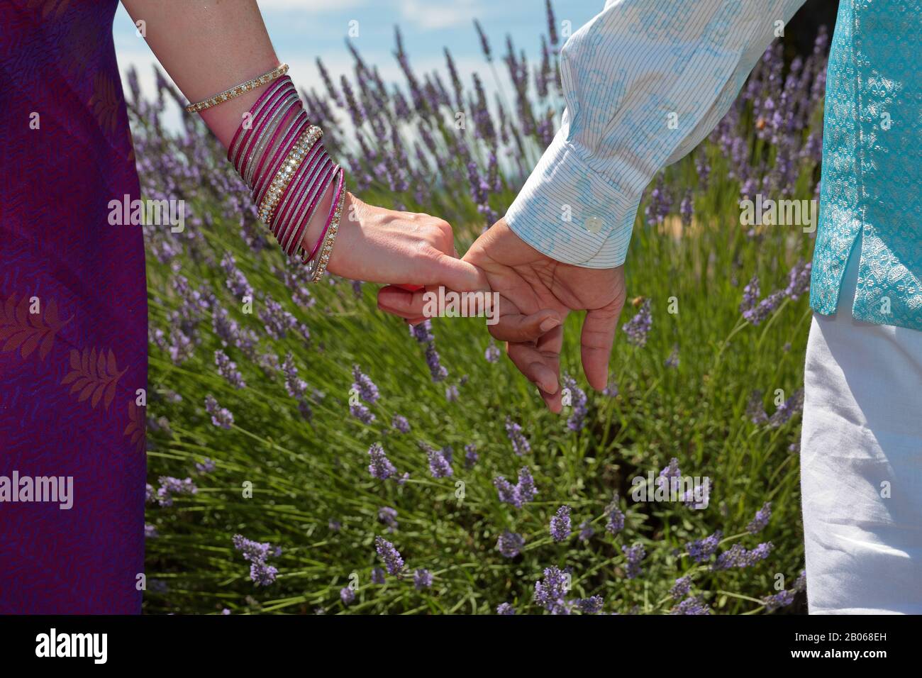 Up close photo of a couple in Indian national dress holding hands. Love ...