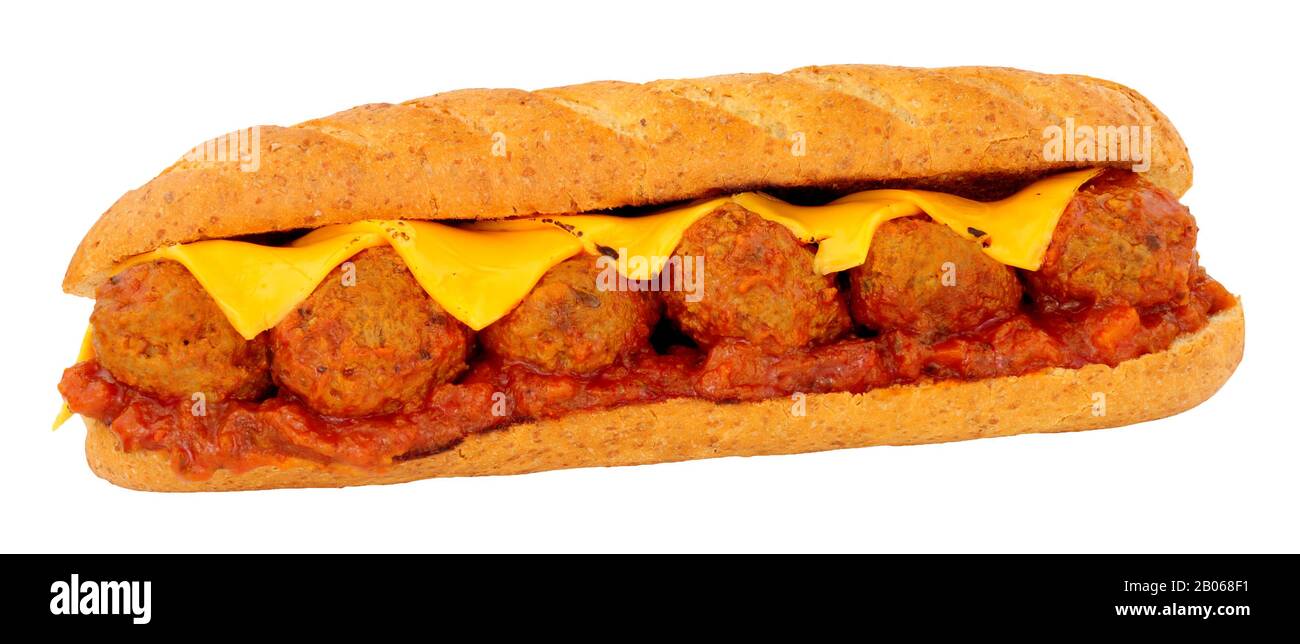 Meatball and cheese sub roll sandwich with tomato sauce isolated on a ...