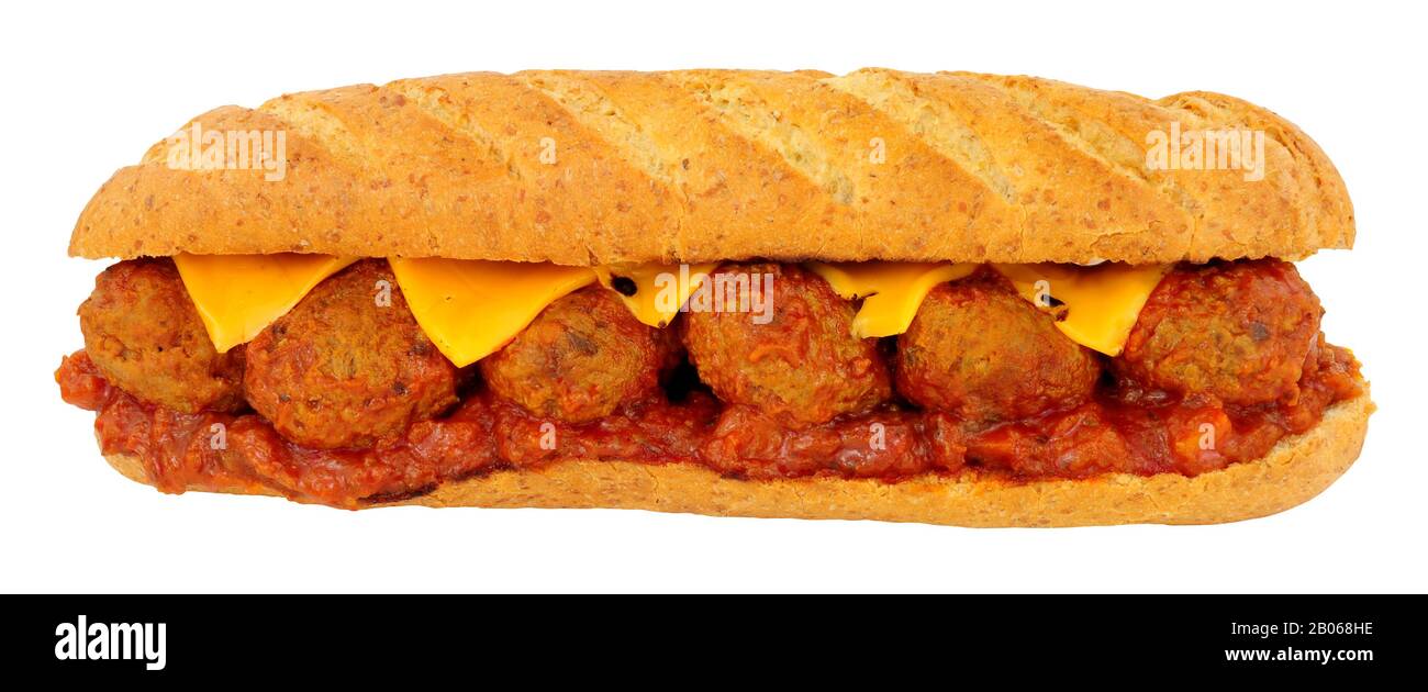 Meatball and cheese sub roll sandwich with tomato sauce isolated on a ...