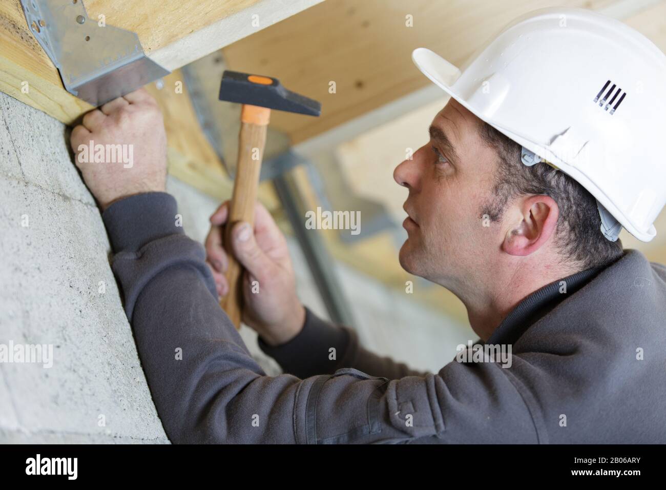 male builder hammers a nail with a hammer Stock Photo - Alamy
