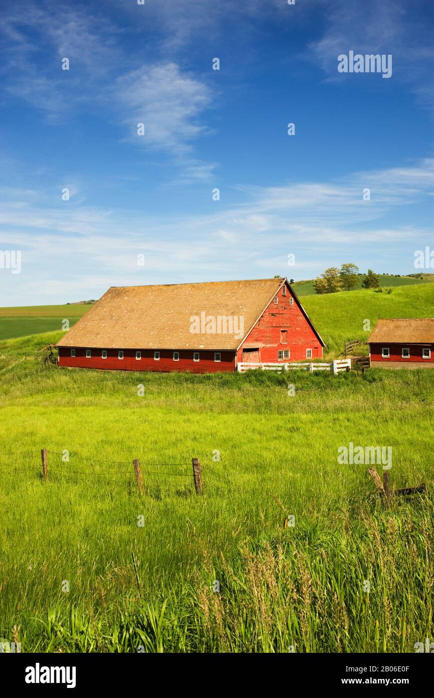 USA, WASHINGTON STATE, PALOUSE COUNTRY, RED BARN IN FIELD Stock Photo ...