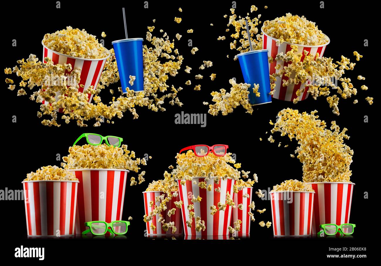 Set of buckets with popcorn and 3D glasses isolated on black background Stock Photo - Alamy