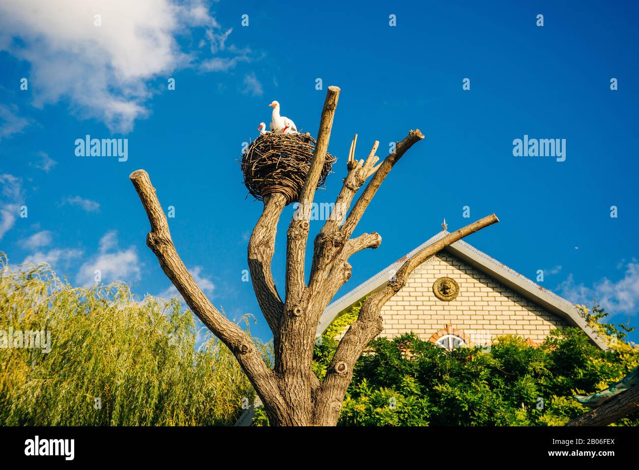 Artificial copies that accurately imitate white storks, a large nest ...