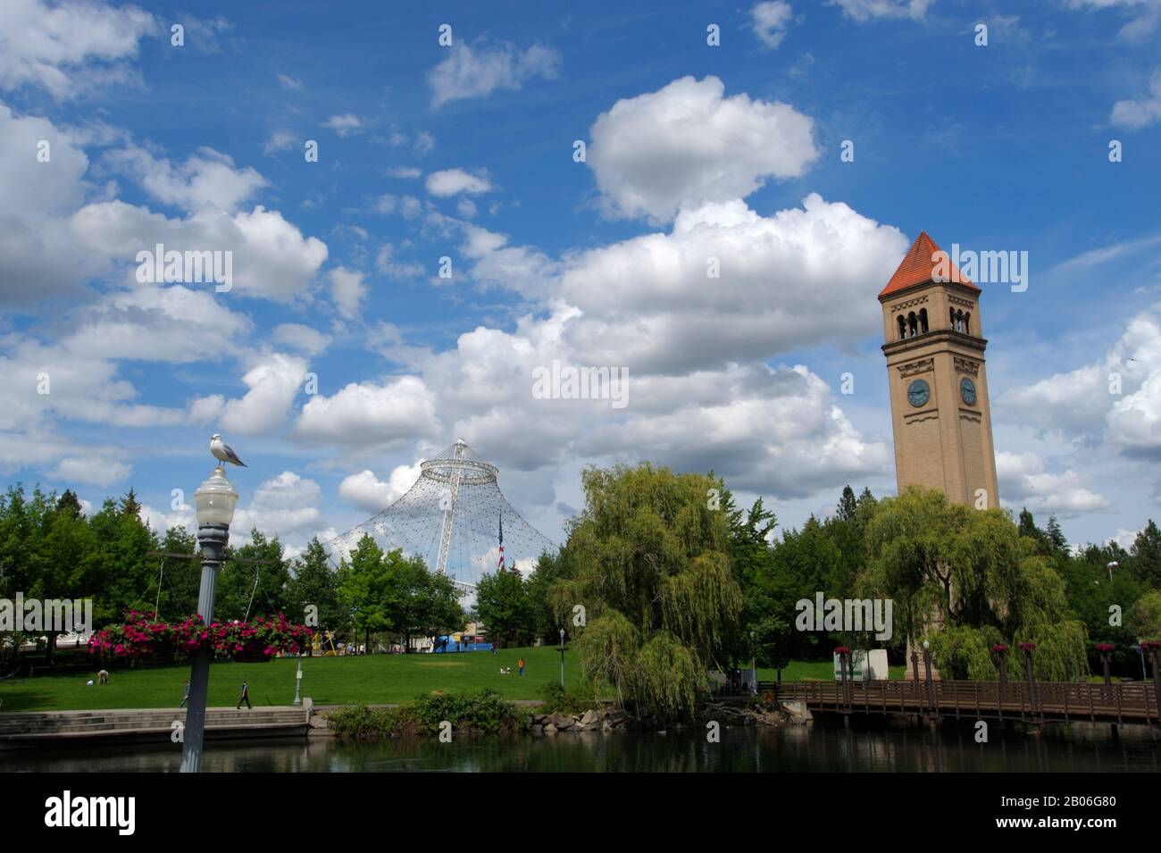 USA, WASHINGTON STATE, SPOKANE, RIVERFRONT PARK WITH CLOCK TOWER IN ...
