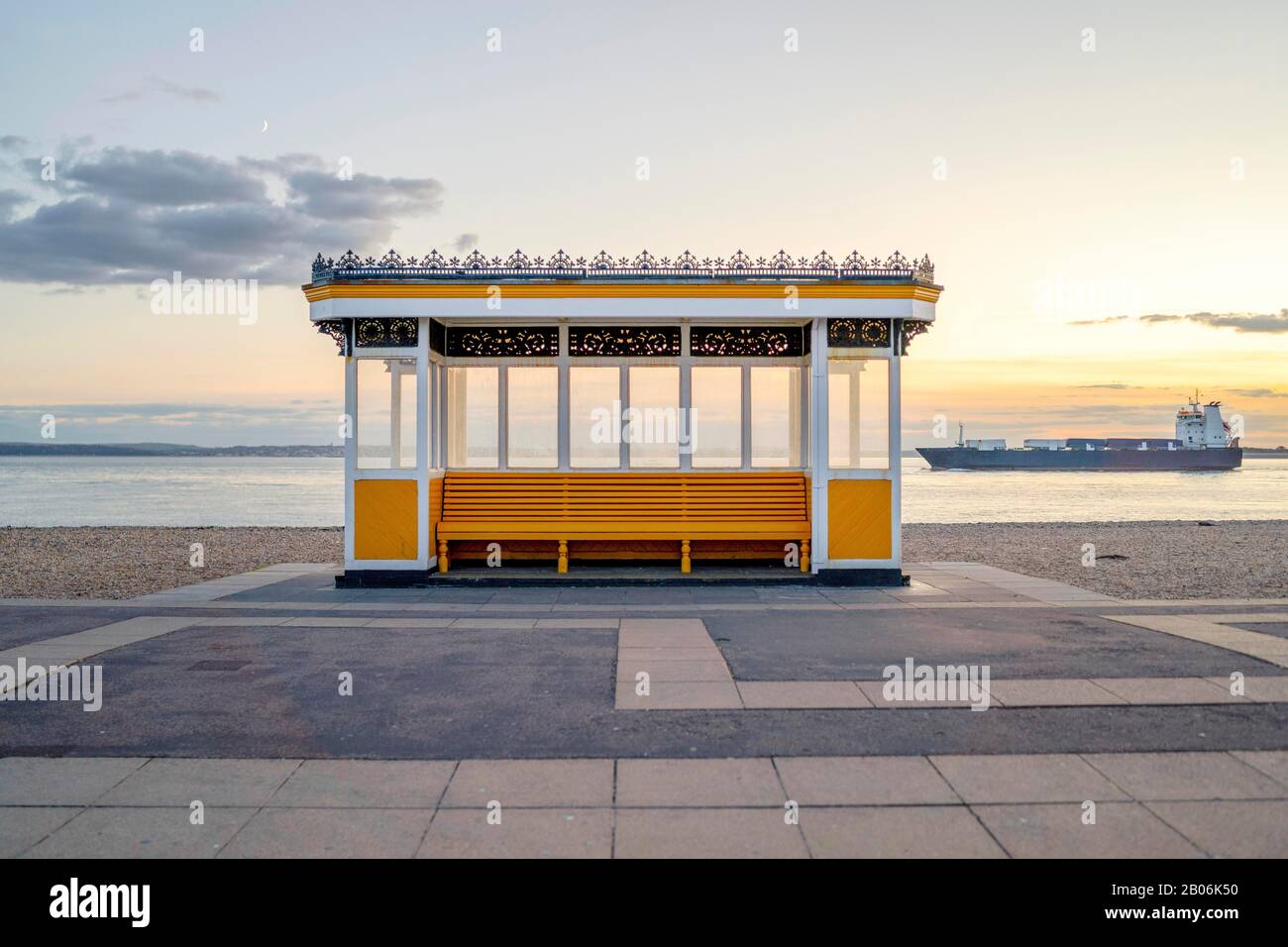 Yellow vintage bus stop by the sea in portsmouth hi-res stock ...