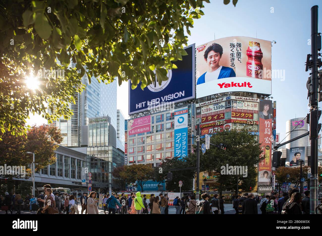 Tall buildings with advertising at the famous Shibuya intersection in ...