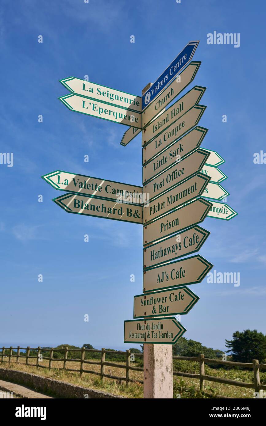 Signposts on the island of Sark, Channel Island, Guernsey, English ...