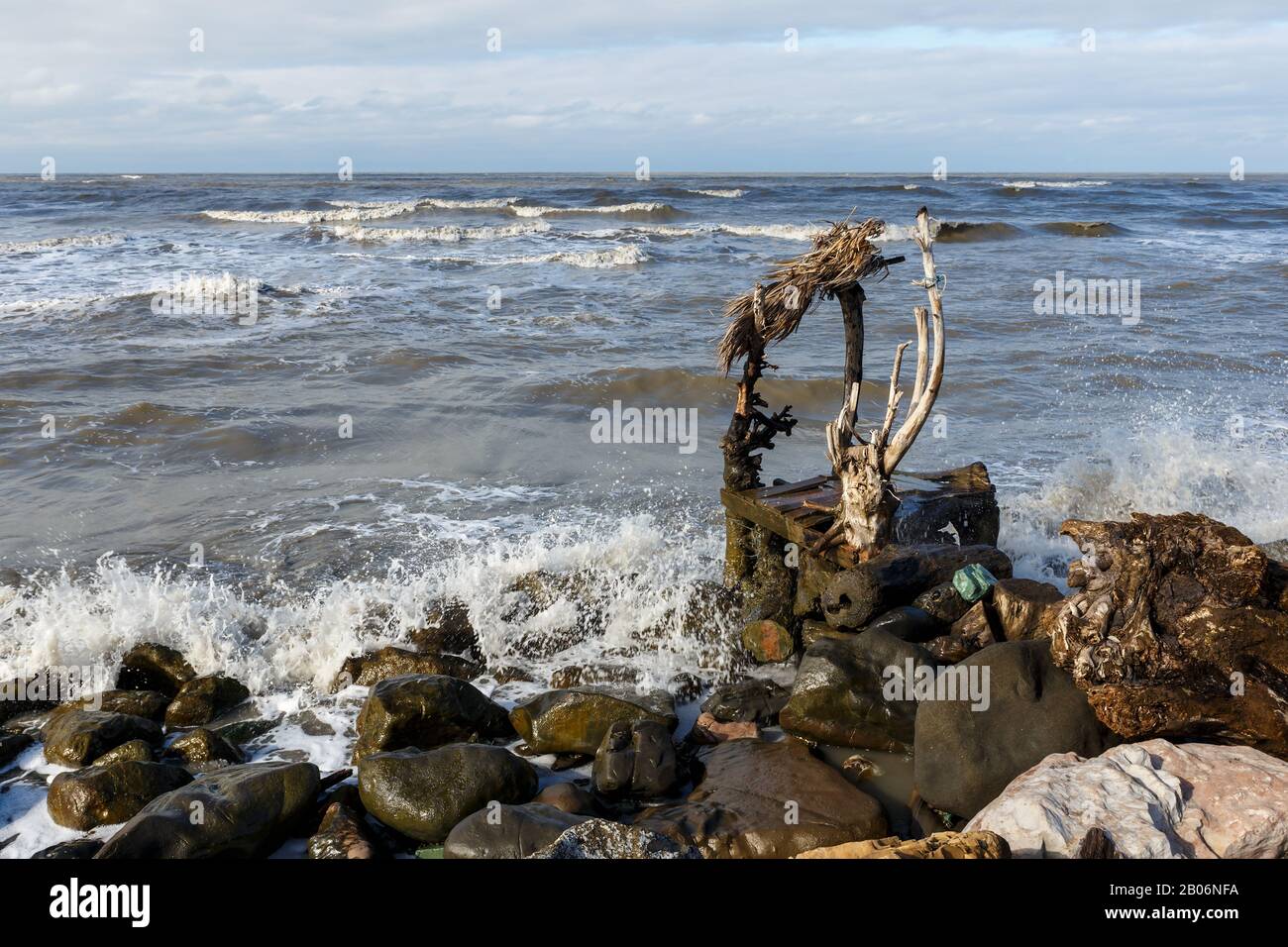 rocky coast of the Caspian Sea, Iran, waves are breaking on stones ...