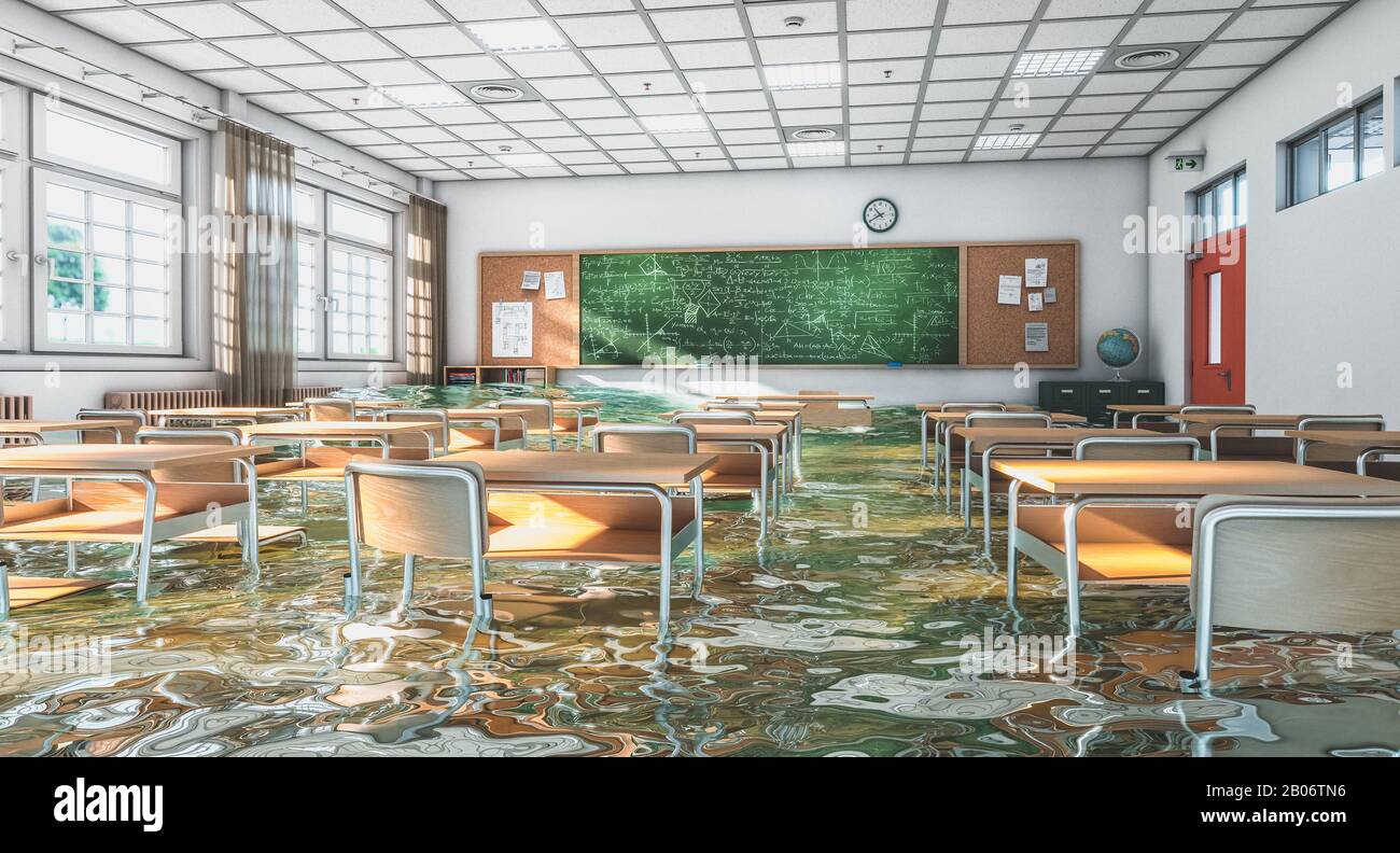3d render image of an interior of a flooded traditional school class ...