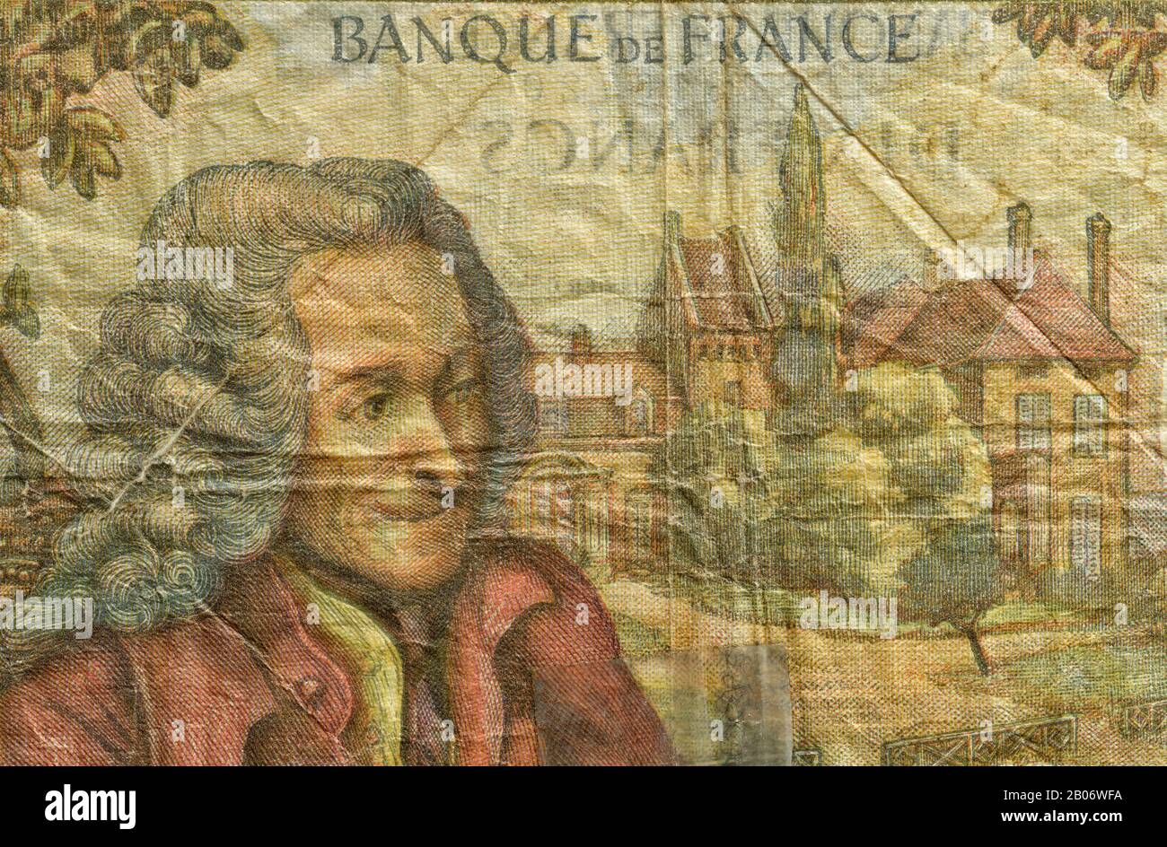 Close-up at an ancient, outdated ten Francs French banknote. Details of ...