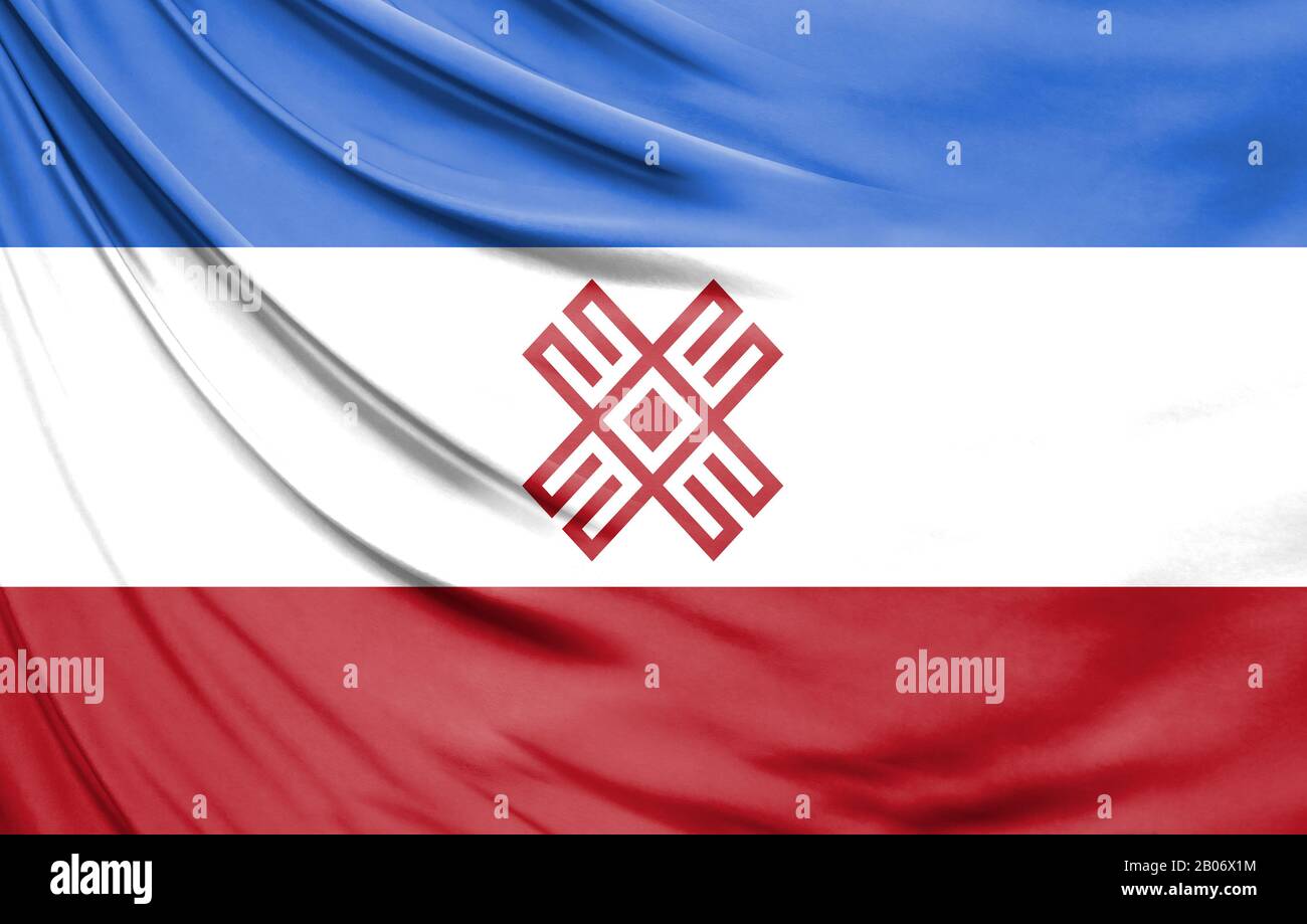 Realistic flag of Mari El on the wavy surface of fabric Stock Photo - Alamy