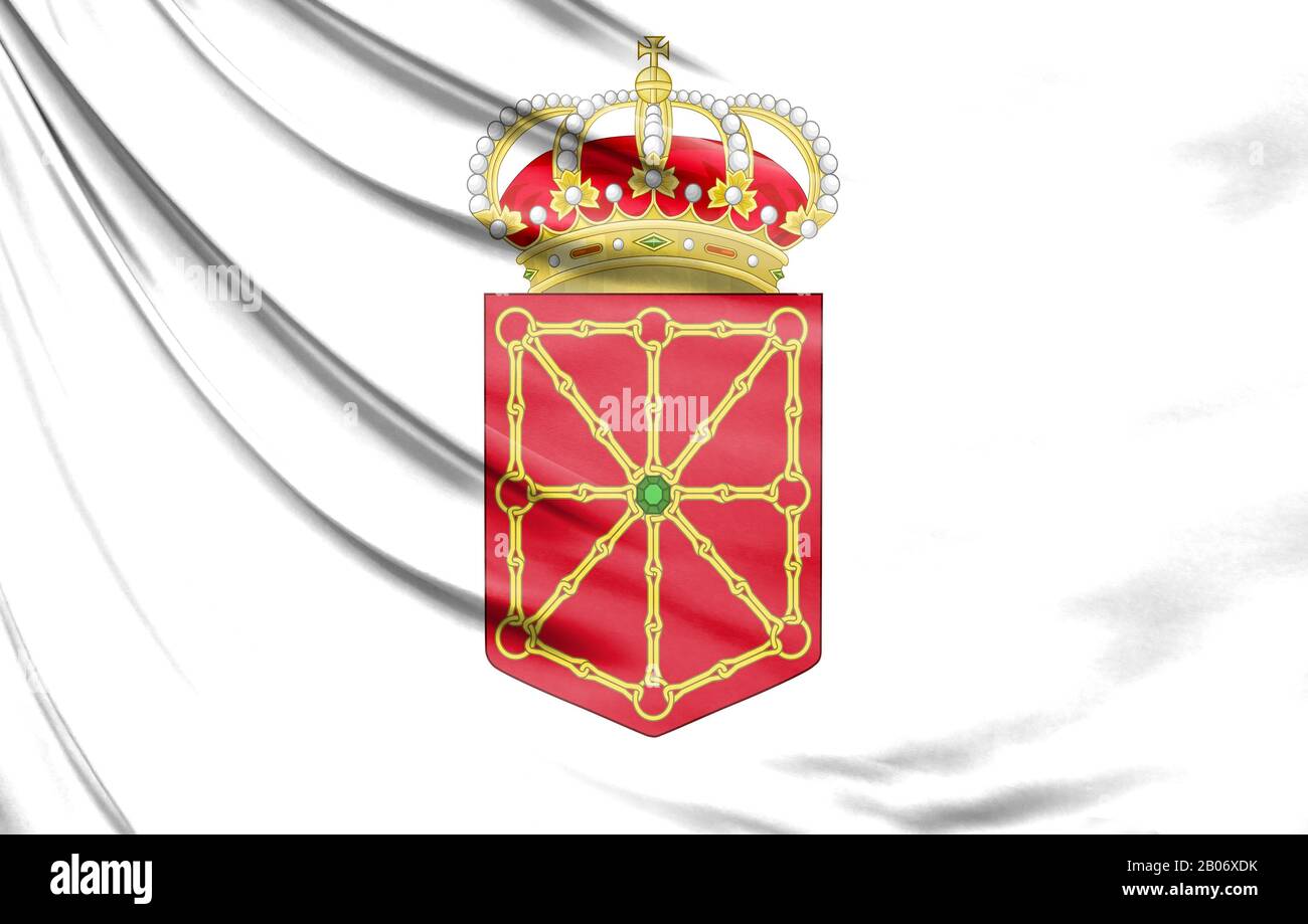Realistic flag of Navarra coat of arms on the wavy surface of fabric ...
