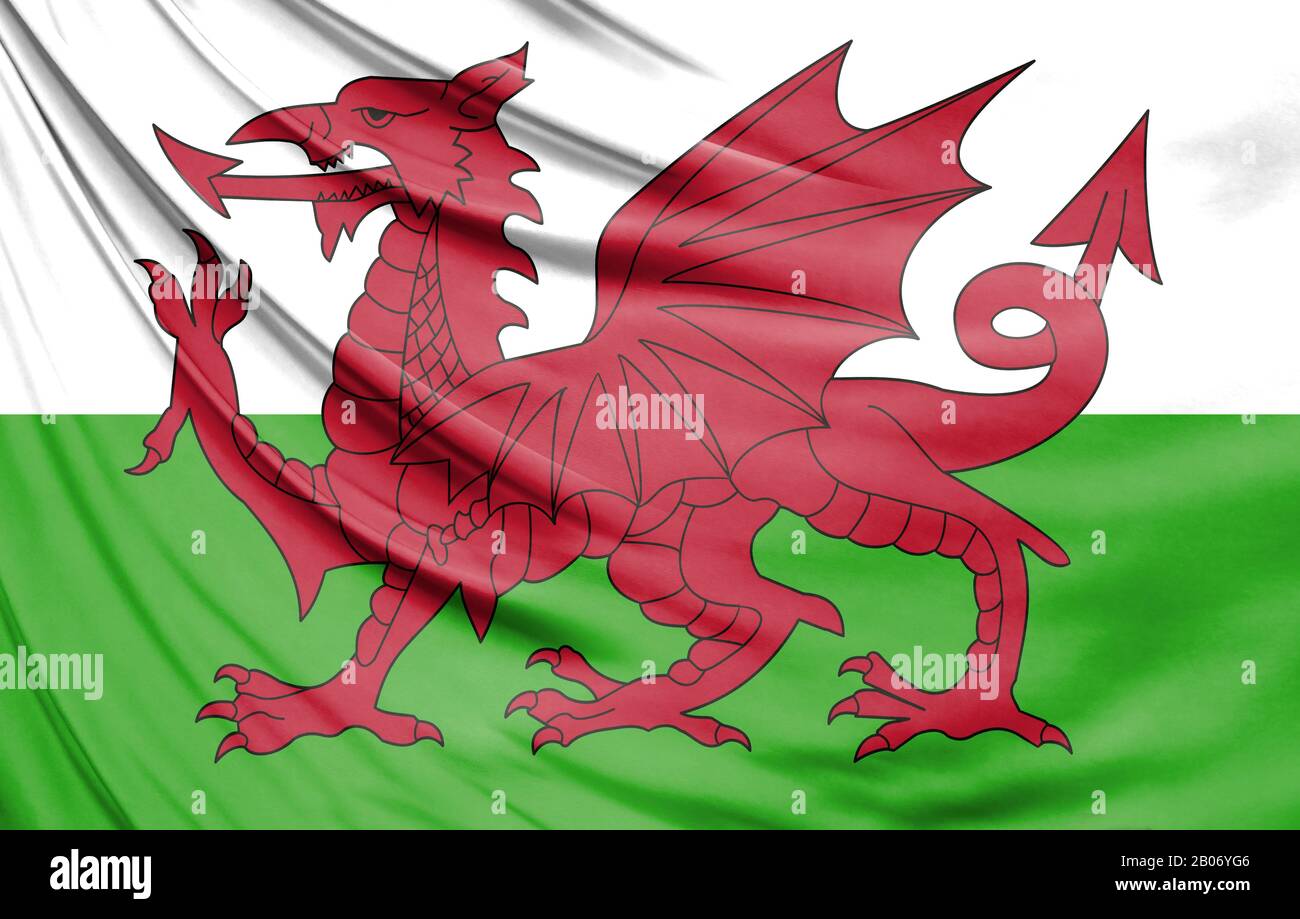 Realistic flag of Wales on the wavy surface of fabric Stock Photo - Alamy