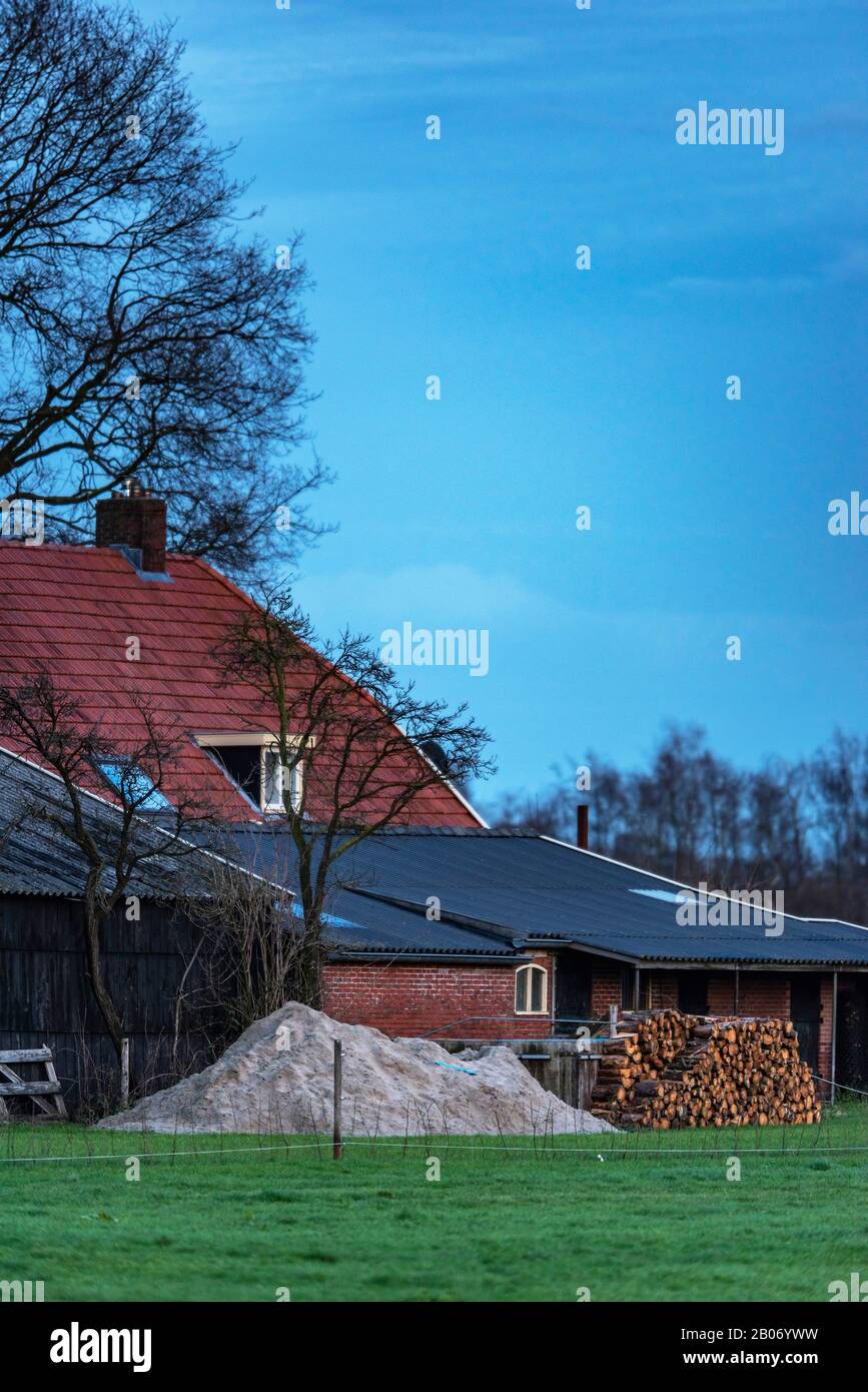 Dutch countryside with house and pile of wood at dusk Stock Photo - Alamy